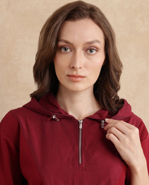 Rareism Women's Vancouver Maroon Cotton Blend Hooded Plain Relaxed Fit