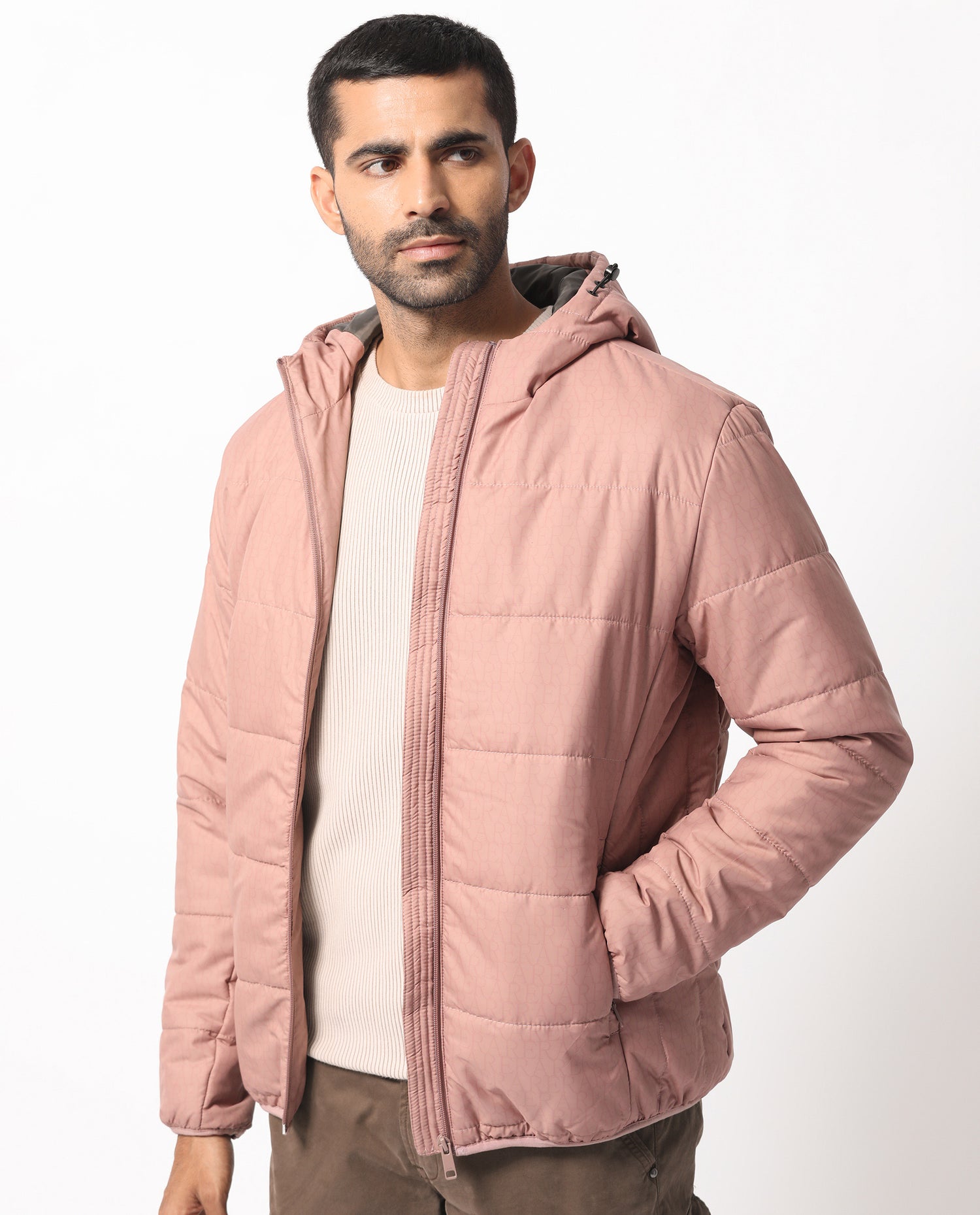 Rare Rabbit Men's Vasto Dusky Pink Branded And Hooded Puffer Jacket