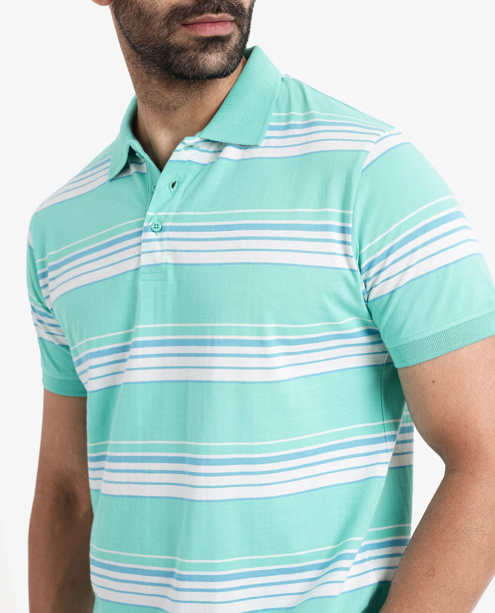 Rare Rabbit Men's Verdun Green Cotton Fabric Half Sleeves Striped Polo