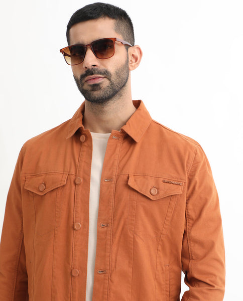 Rare Rabbit Men's Vintago Dark Rust Cotton Plain Regular Fit Full Slee