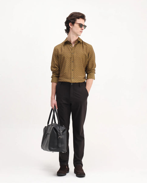 Rare Rabbit Men's Vira Dusky Yellow Viscose Digital Print Regular Fit