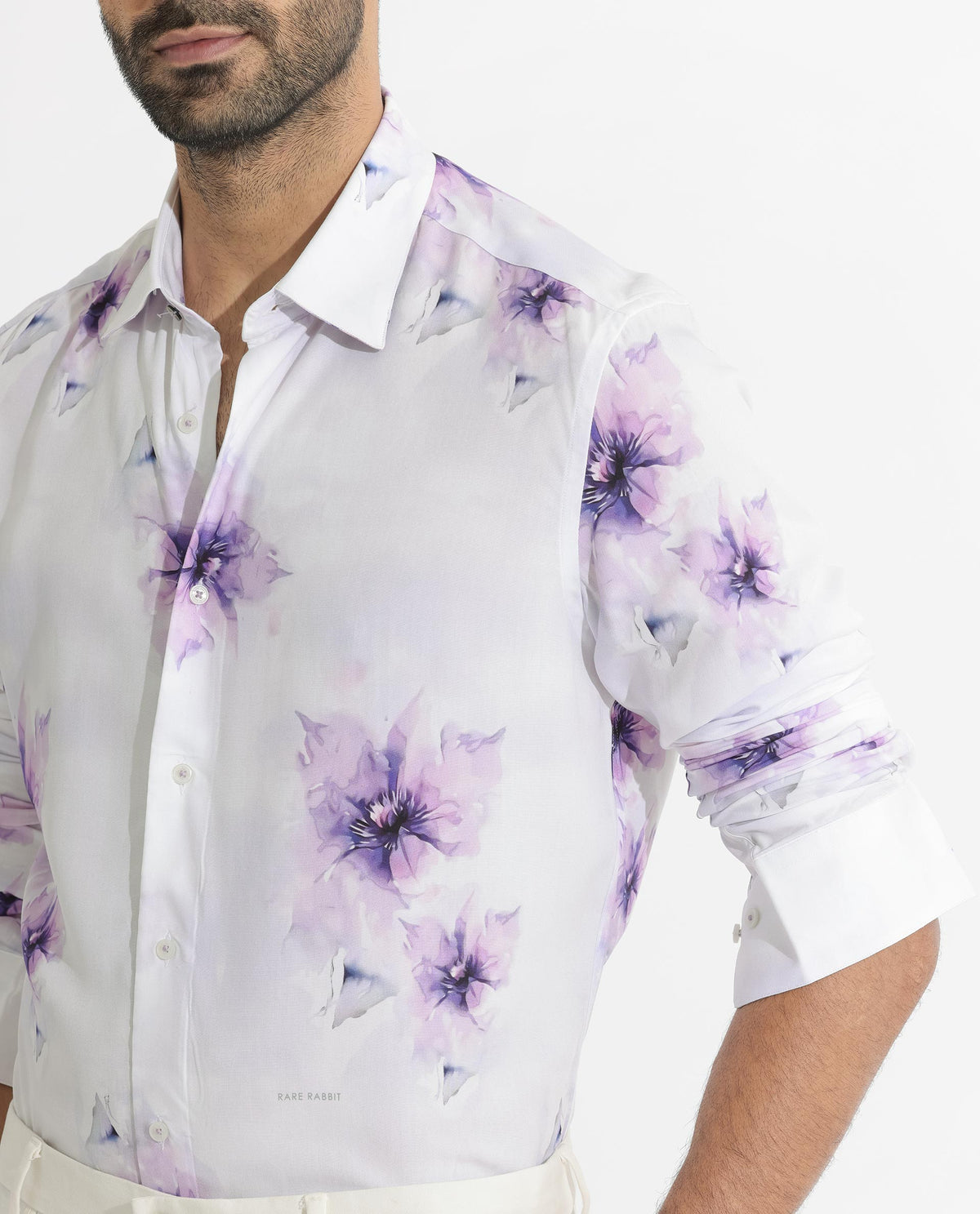 Rare Rabbit Men's Vendar White Viscose Fabric Floral Print Full Sleeve