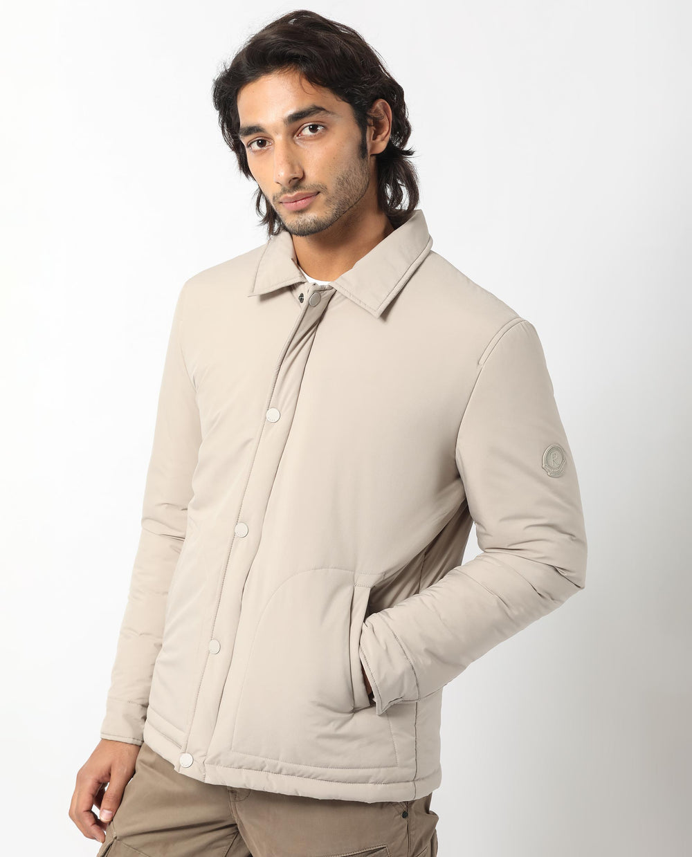 Rare Rabbit Men's Wanza Beige Solid Regular Collar Puffer Jacket