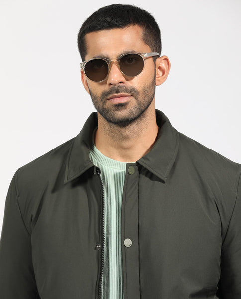 Rare Rabbit Men's Wanza Dark Olive Polyester Plain Relaxed Fit Full Sl