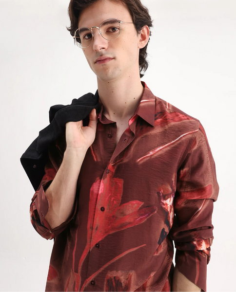 Rare Rabbit Men's Zelo Dusky Red Viscose Blend Floral Print Regular Fi