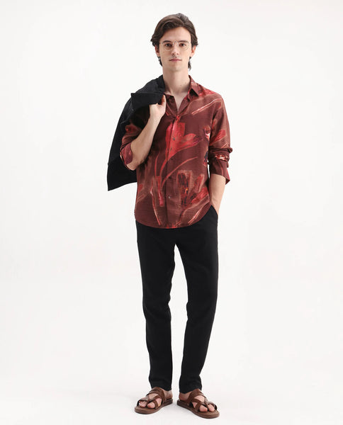 Rare Rabbit Men's Zelo Dusky Red Viscose Blend Floral Print Regular Fi