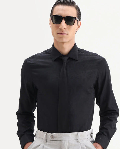 Rare Rabbit Men's Zinq Black Cotton Fabric Spread Collar Regular Fit J