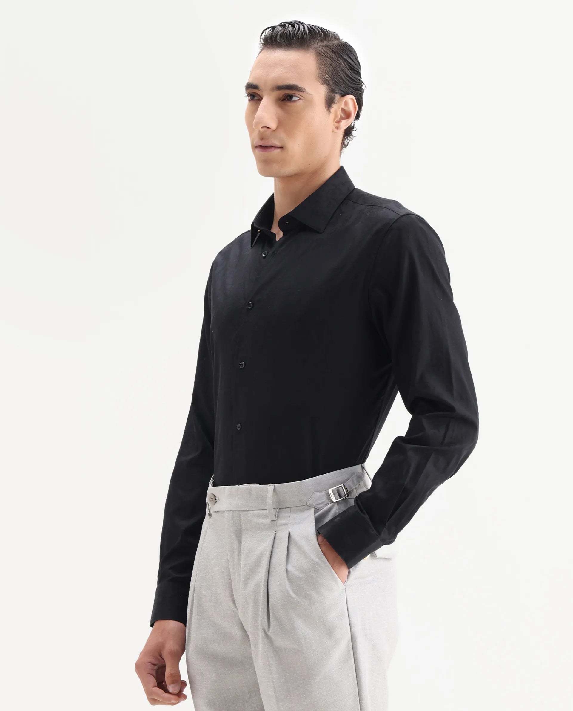 Rare Rabbit Men's Zinq Black Cotton Fabric Spread Collar Regular Fit J