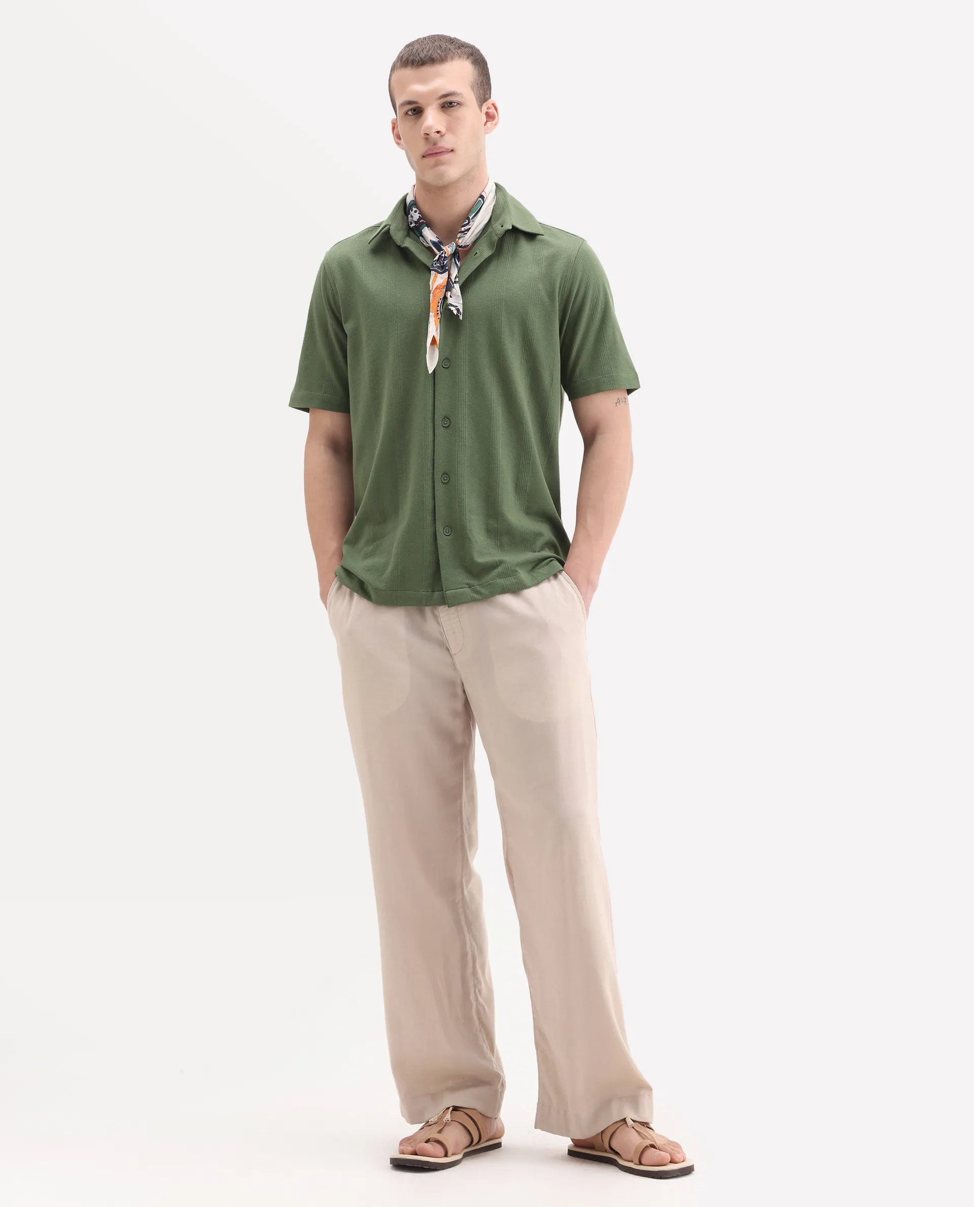 Buy Zipo - Light Olive Jacquard Relaxed Fit Shirt| Rare Rabbit