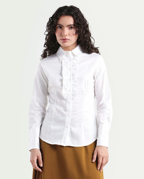 Rareism Women's Aubrey White Cotton Spread Collar Plain Regular Fit To