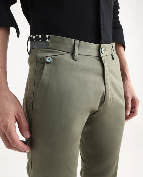 Rare Rabbit Men's Daron Olive Cotton Plain Regular Fit Trouser