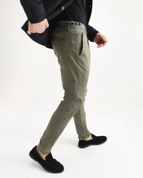 Rare Rabbit Men's Daron Olive Cotton Plain Regular Fit Trouser