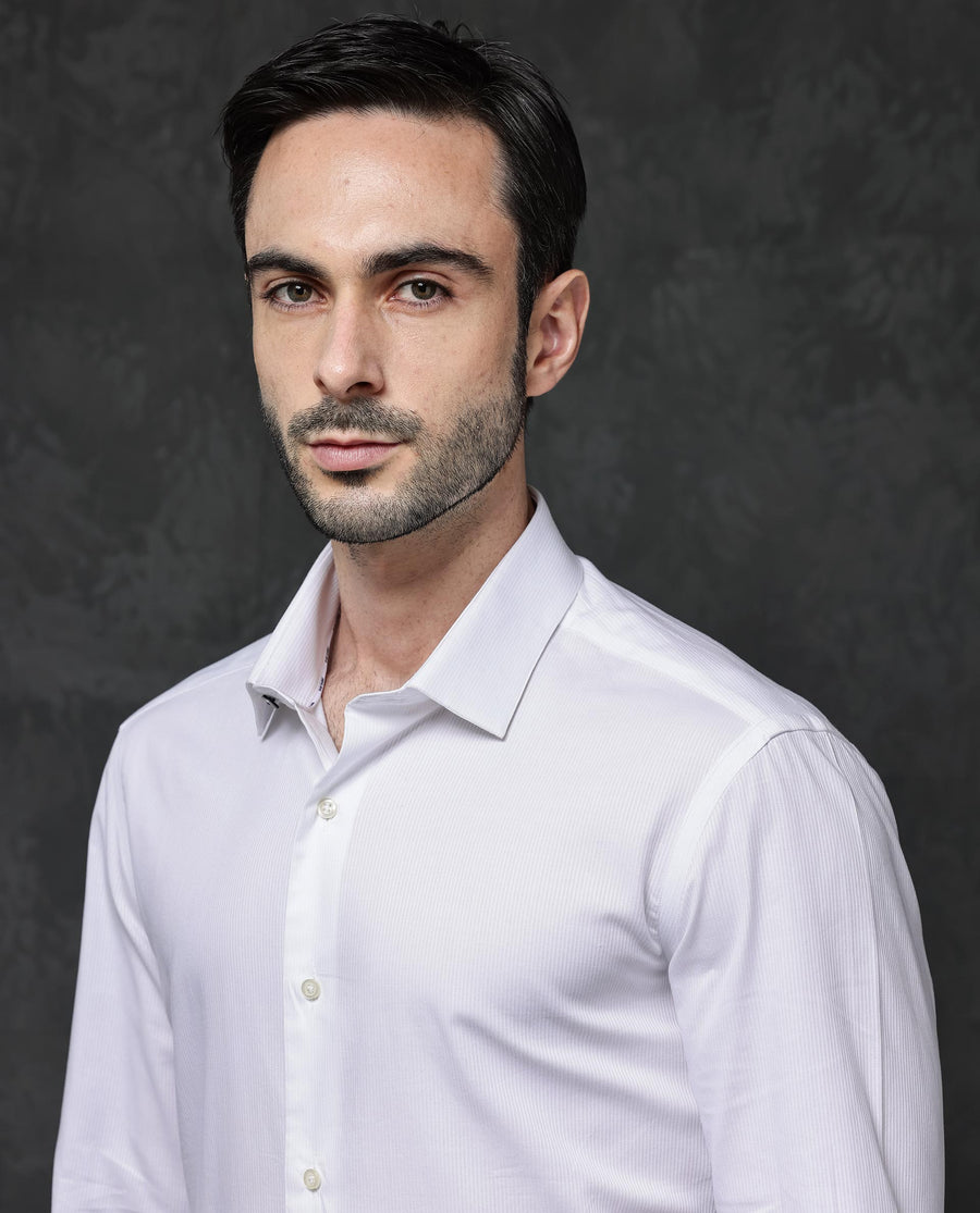 Rare Rabbit Mens Bovec White Full Sleeve Dobby Texture Regular Collar