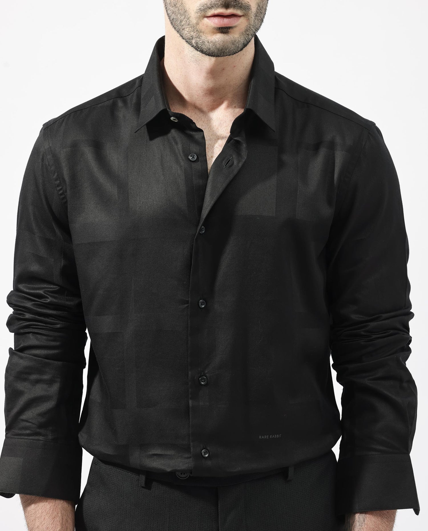 Rare Rabbit Men's Boxline-5 Dusky Black Cotton Lyocell Fabric Full Sle