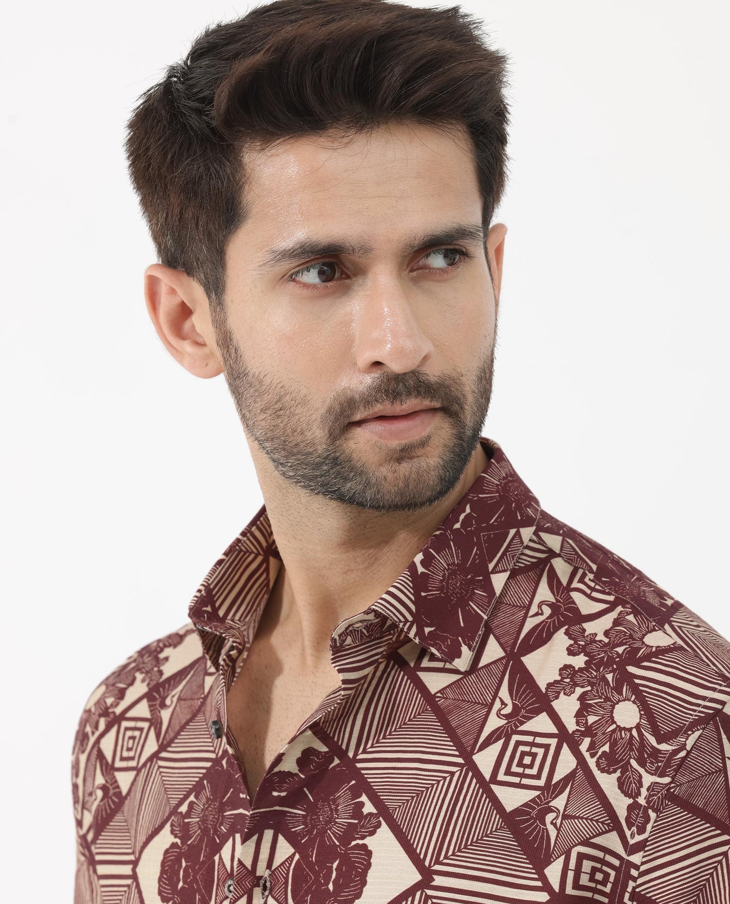 Rare Rabbit Men's Carno Dark Maroon Viscose Fabric Half Sleeves Geomet