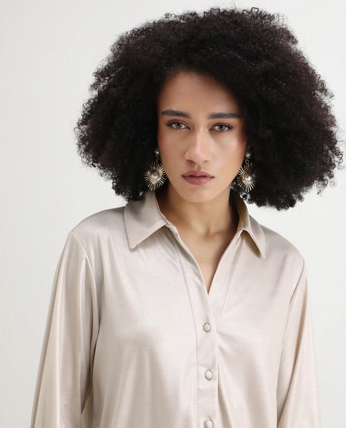 Rareism Women's Cawer Metalic Gold Polyester Drop Collar Plain Cuffed