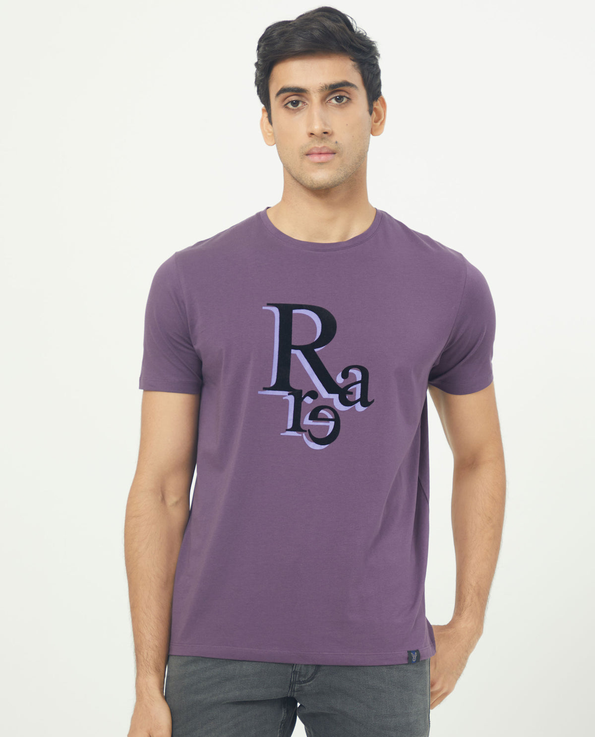 Rare Rabbit Men's Cero Dark Purple Crew Neck Flock Print Branding Half