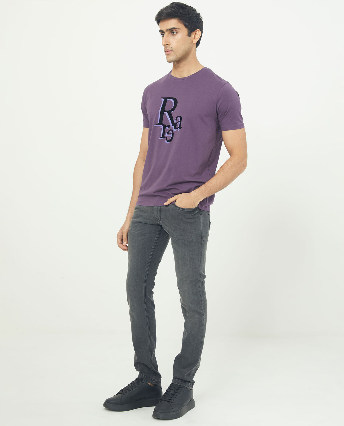 Rare Rabbit Men's Cero Dark Purple Crew Neck Flock Print Branding Half