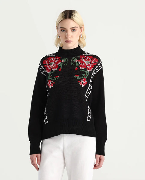 Buy Cosnew - Black Floral Jacquard Relaxed Sweater| Rareism