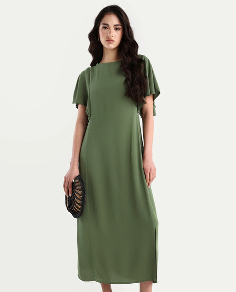 Buy Dana - Green Plain Midi Dress| Rareism