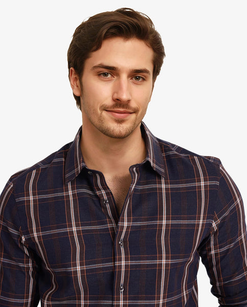 Rare Rabbit Men's Dor Navy Cotton Checked Print Regular Fit Full Sleev