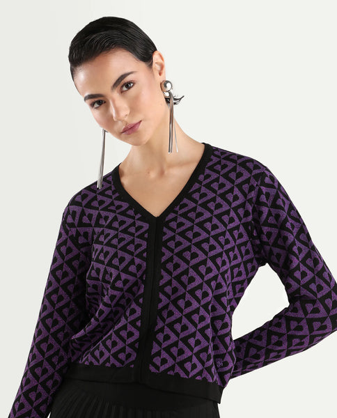 Rareism Women's Dortyol Purple Cotton V-Neck Geometric Print Regular F
