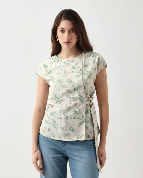 Buy Eligh - Light Green Floral Print Tie Up Top| Rareism