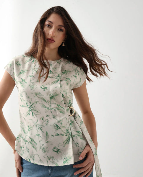 Buy Eligh - Light Green Floral Print Tie Up Top| Rareism