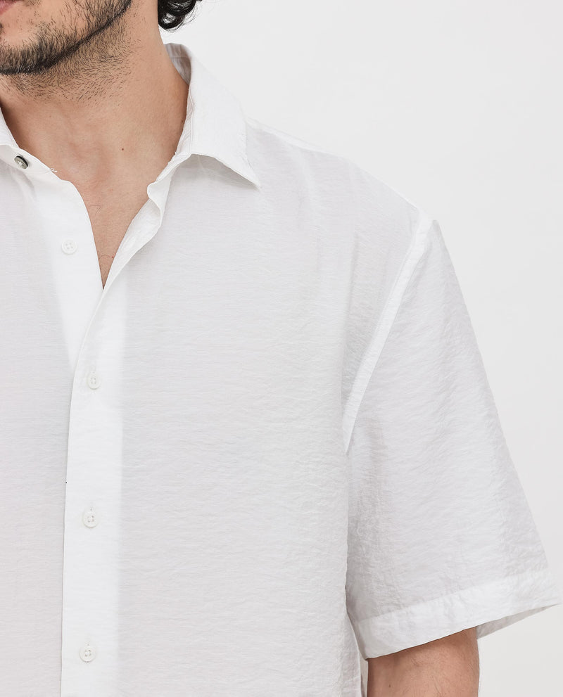 Rare Rabbit Men's Flo White Viscose Fabric Half Sleeves Boxy Fit Creas