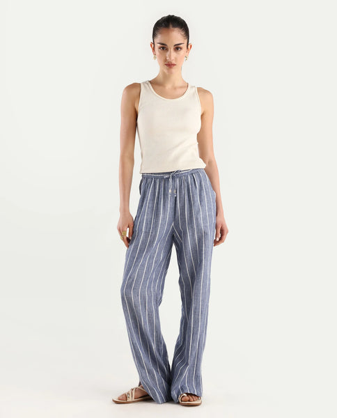 Rareism Women's Helena Blue Linen Striped Ankle Length Relaxed Fit Tro