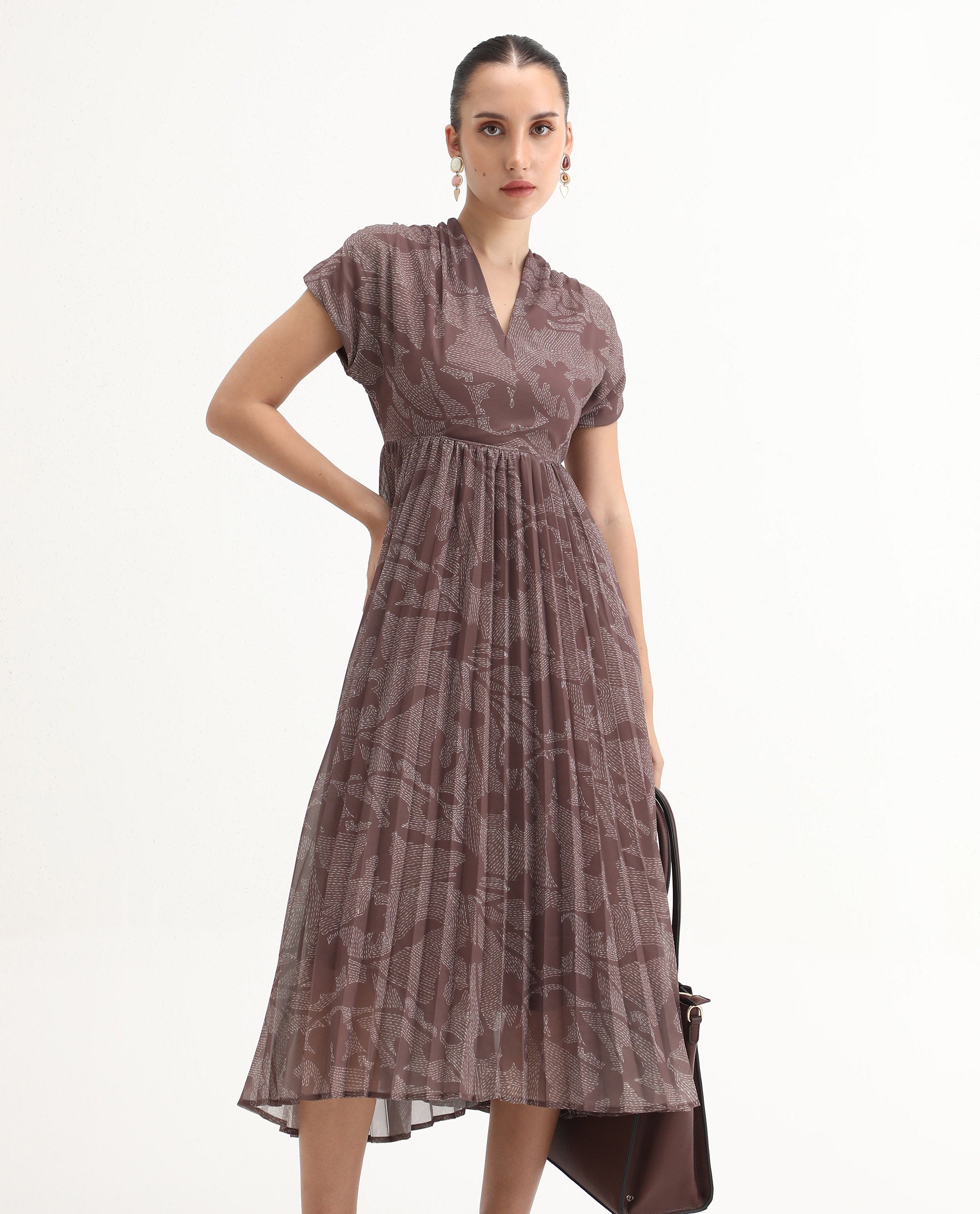 Buy Juremi - Light Brown Abtract Print Pleated Midi Dress| Rareism