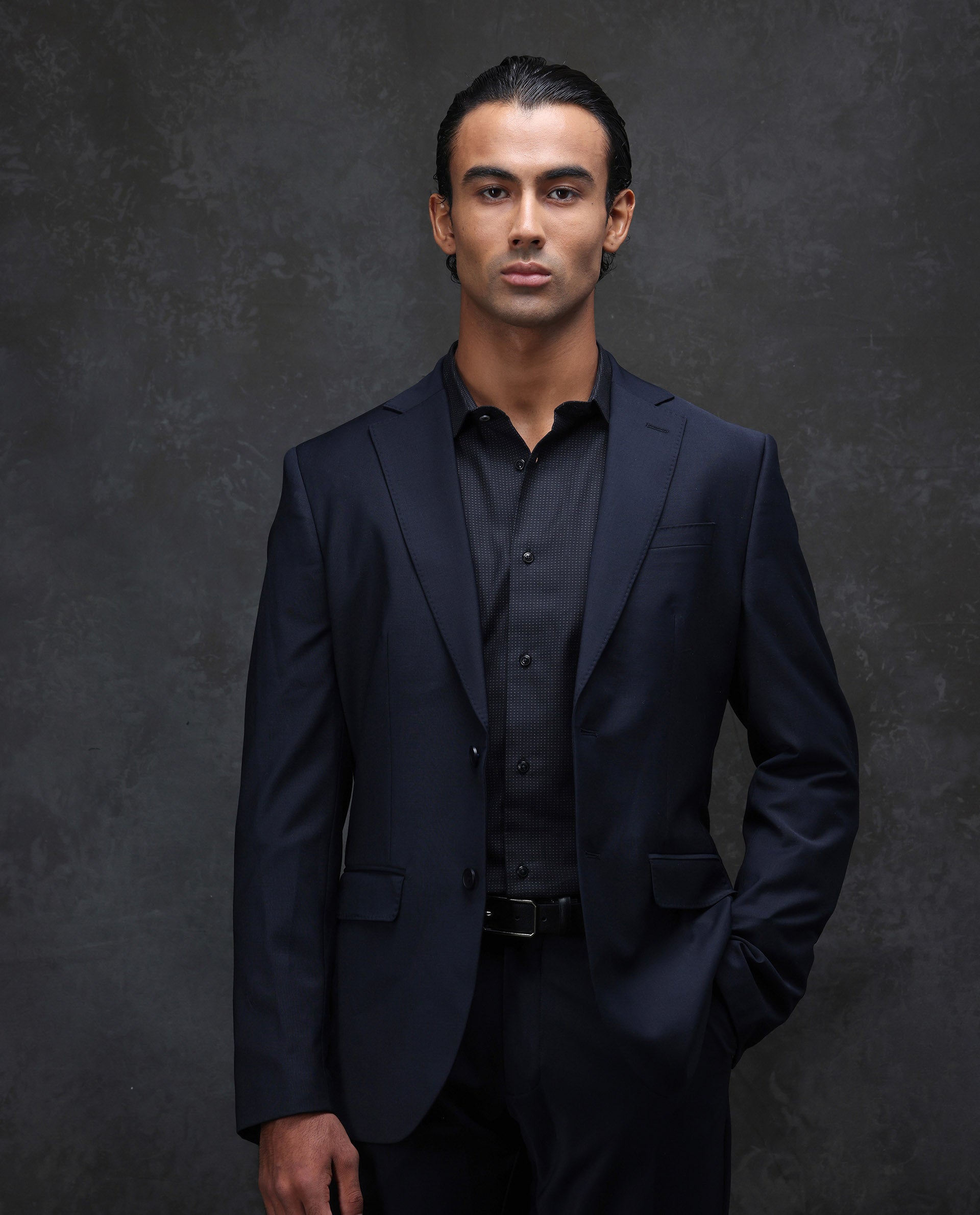 Rare Rabbit Men's Arbo-B Navy Polyester Plain Slim Fit Full Sleeve Lap