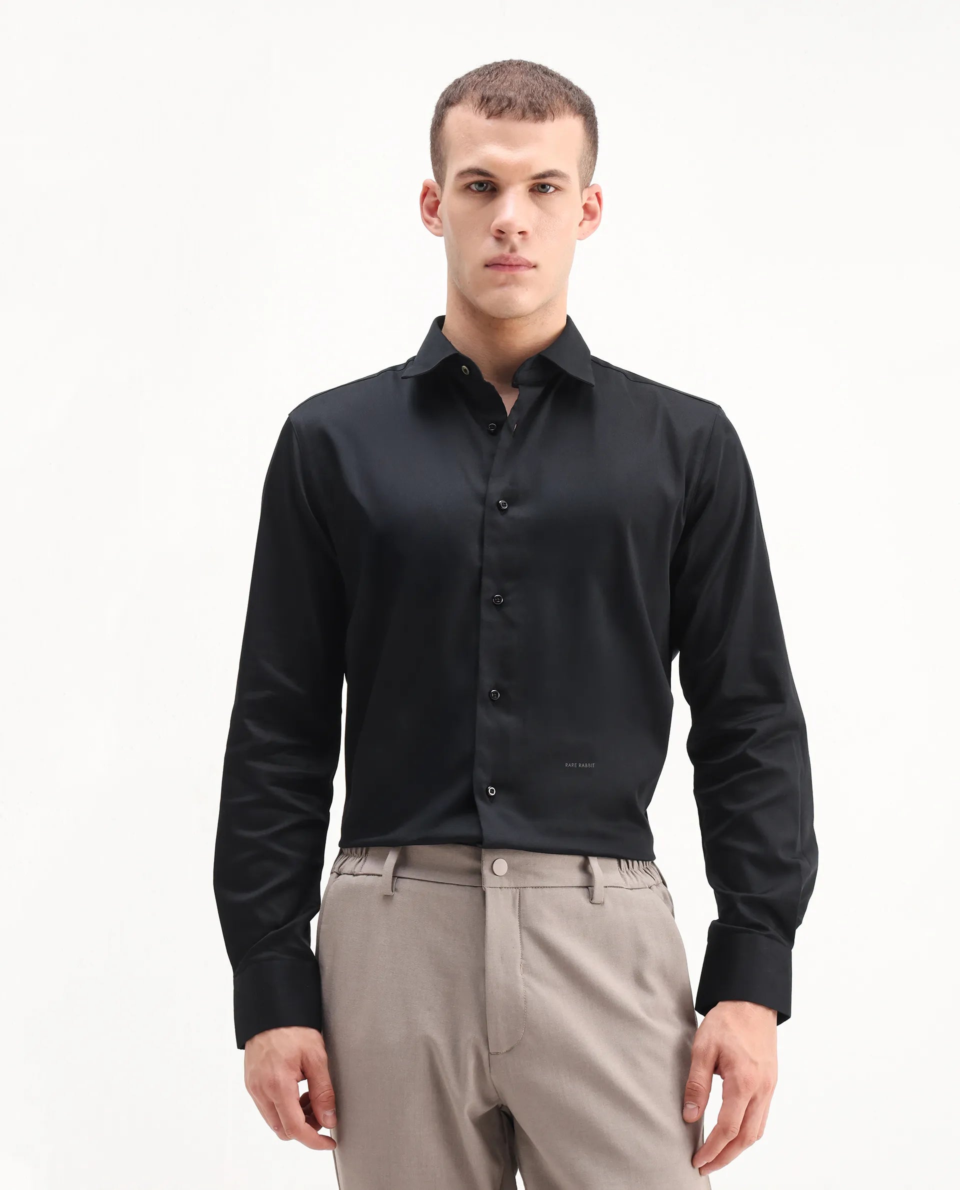 Rare Rabbit Men's Holla-26 Black Cotton Plain Regular Fit Full Sleeve