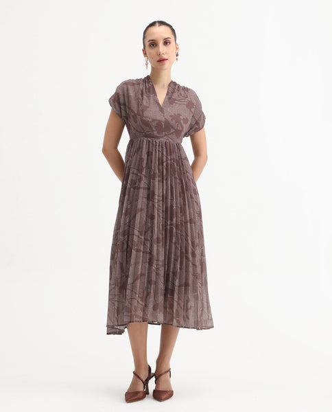 Buy Juremi - Light Brown Abtract Print Pleated Midi Dress| Rareism