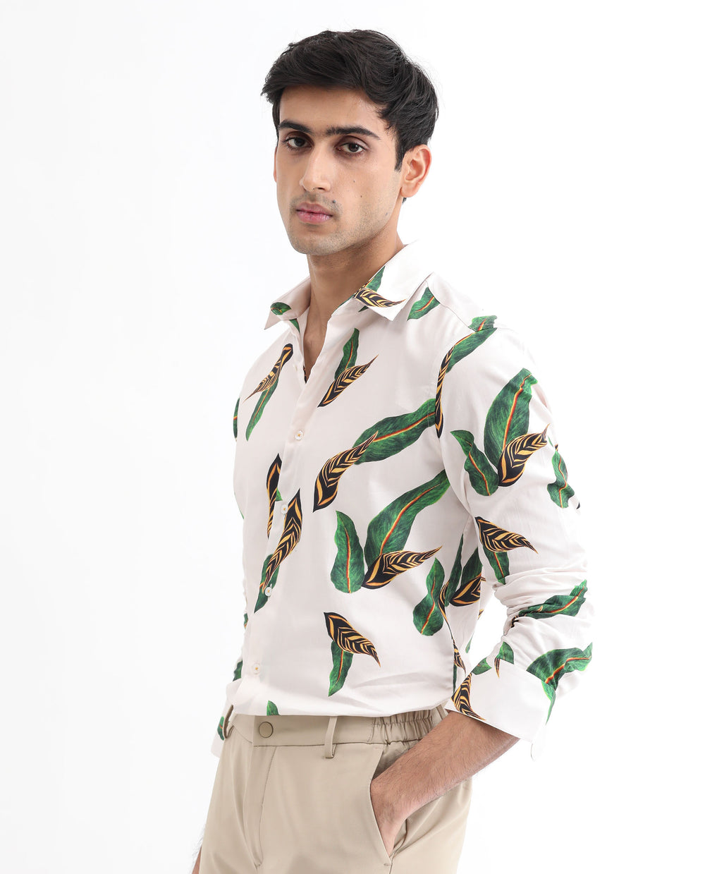 Rare Rabbit Men's Lafey Off White Cotton Fabric Tropical Print Full Sl