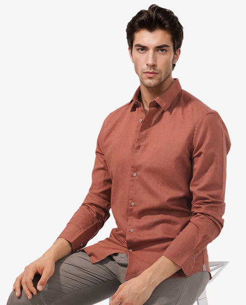 Rare Rabbit Men's Linux Rust Cotton Linen Fabric Full Sleeves Regular