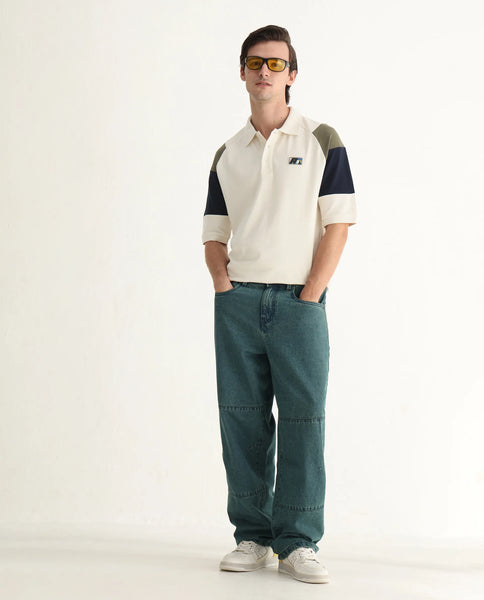 Rare Rabbit Men's Lucid Off White Cotton Blend Cut And Sew Relaxed Fit