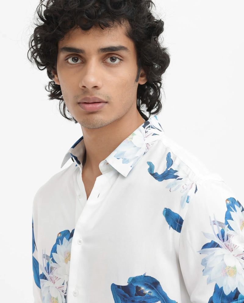Rare Rabbit Men's Lycro White Viscose Fabric Full Sleeves Floral Print