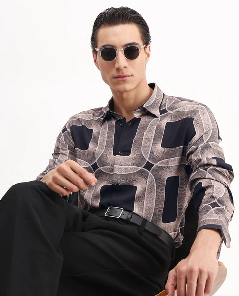 Rare Rabbit Men's Mecro-25 Black Viscose Geometric Print Regular Fit F
