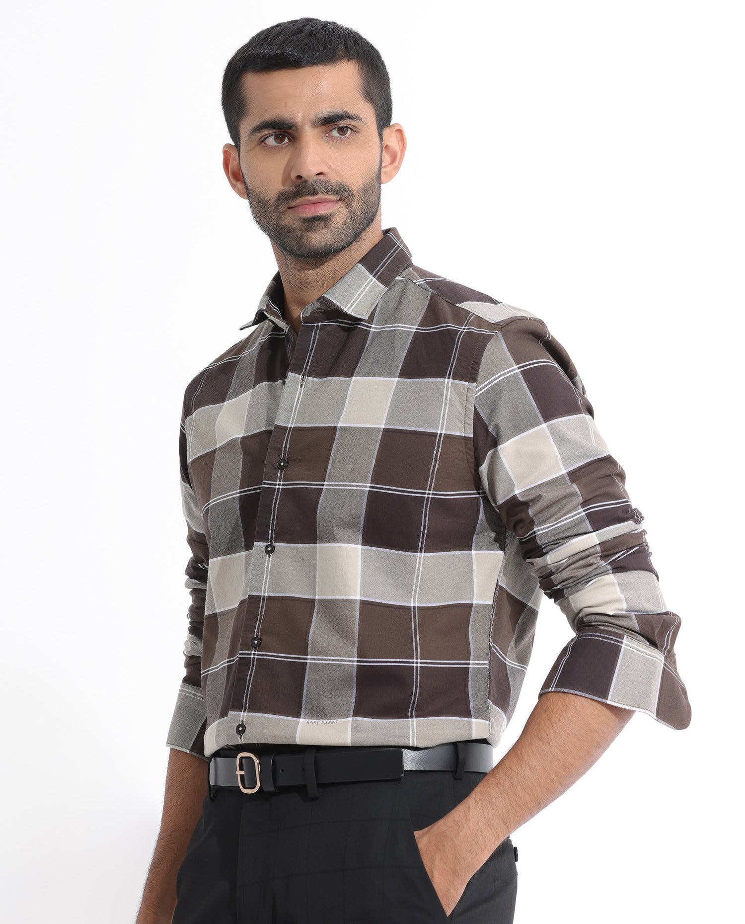 Rare Rabbit Men's Newton Dark Brown Cotton Fabric Full Sleeves Checks