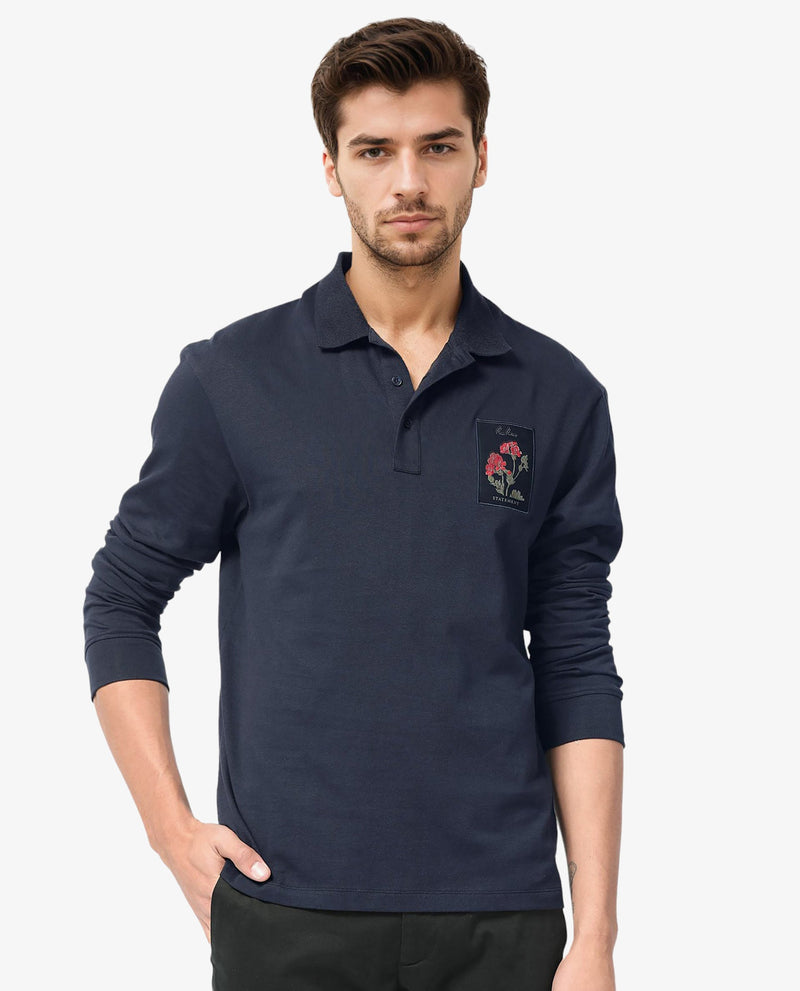 Rare Rabbit Men's Raz Navy Collared Neck Statement Chest Label Full Sl