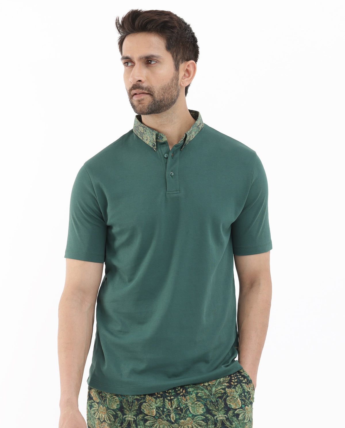 Rare Rabbit Men's Ringer-2 Green Cotton Fabric Printed Collar Half Sle