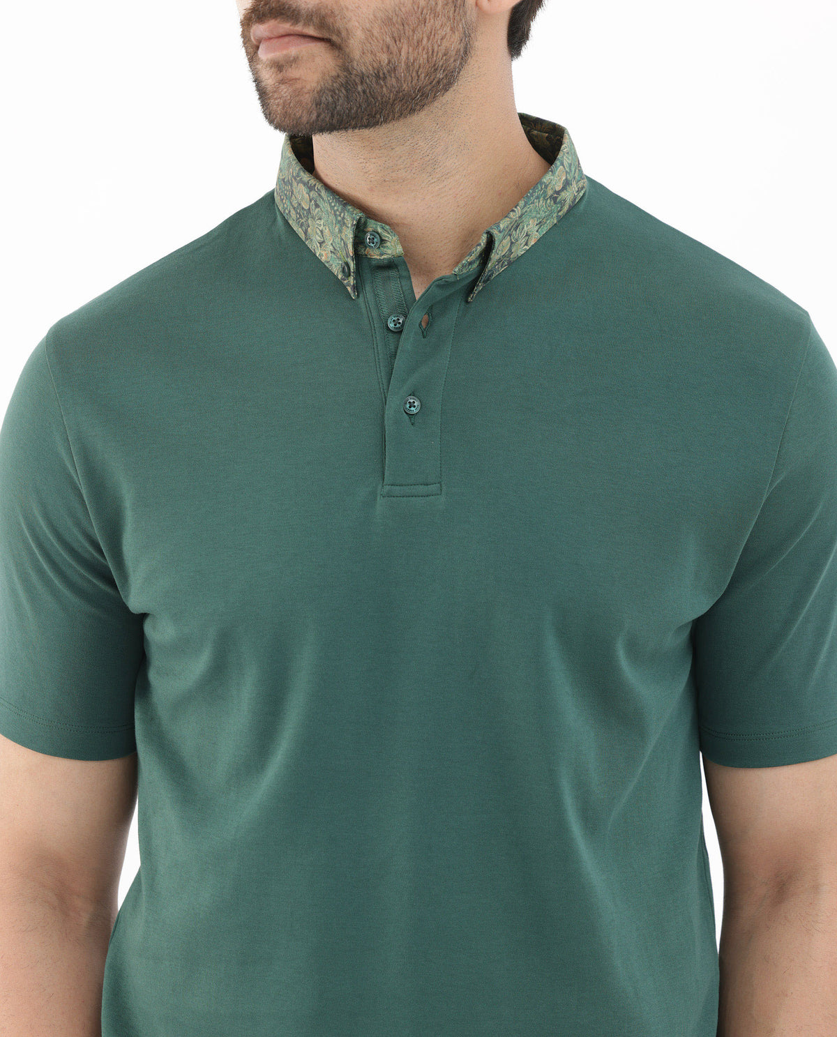 Rare Rabbit Men's Ringer-2 Green Cotton Fabric Printed Collar Half Sle