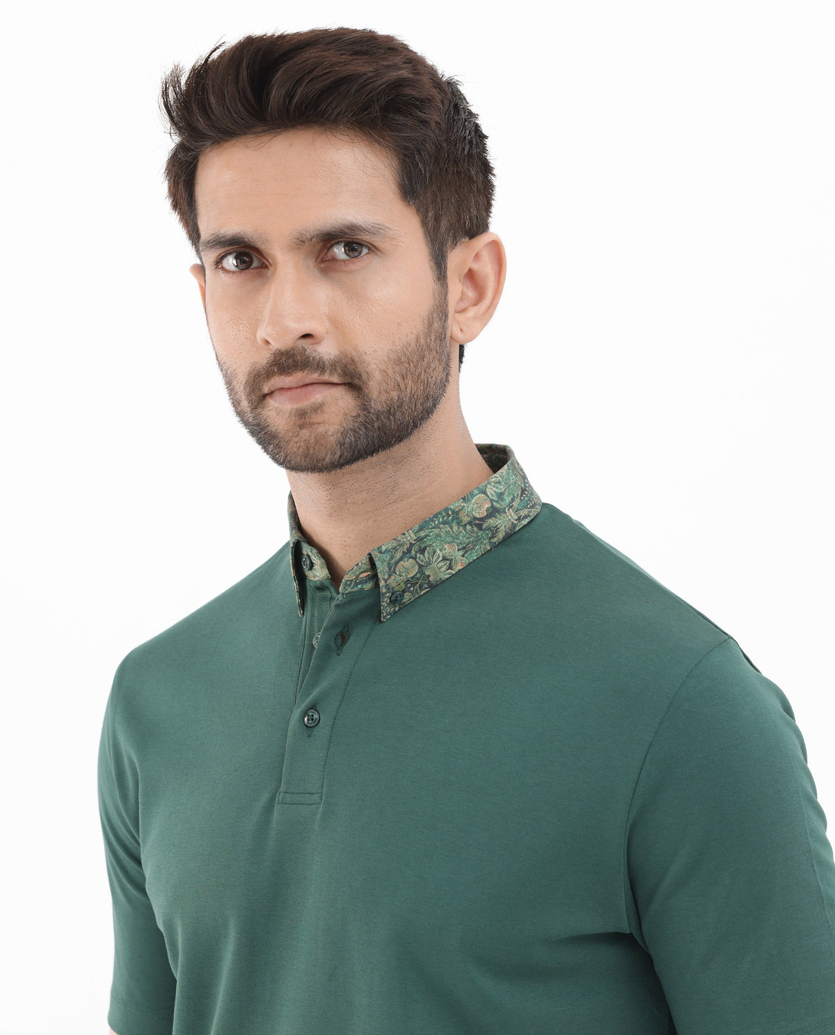 Rare Rabbit Men's Ringer-2 Green Cotton Fabric Printed Collar Half Sle