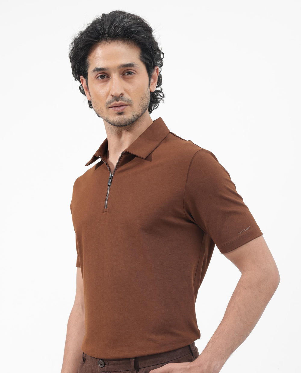 Rare Rabbit Mens Stan-2 Dusky Rust Cotton Fabric Collared Neck Zipper