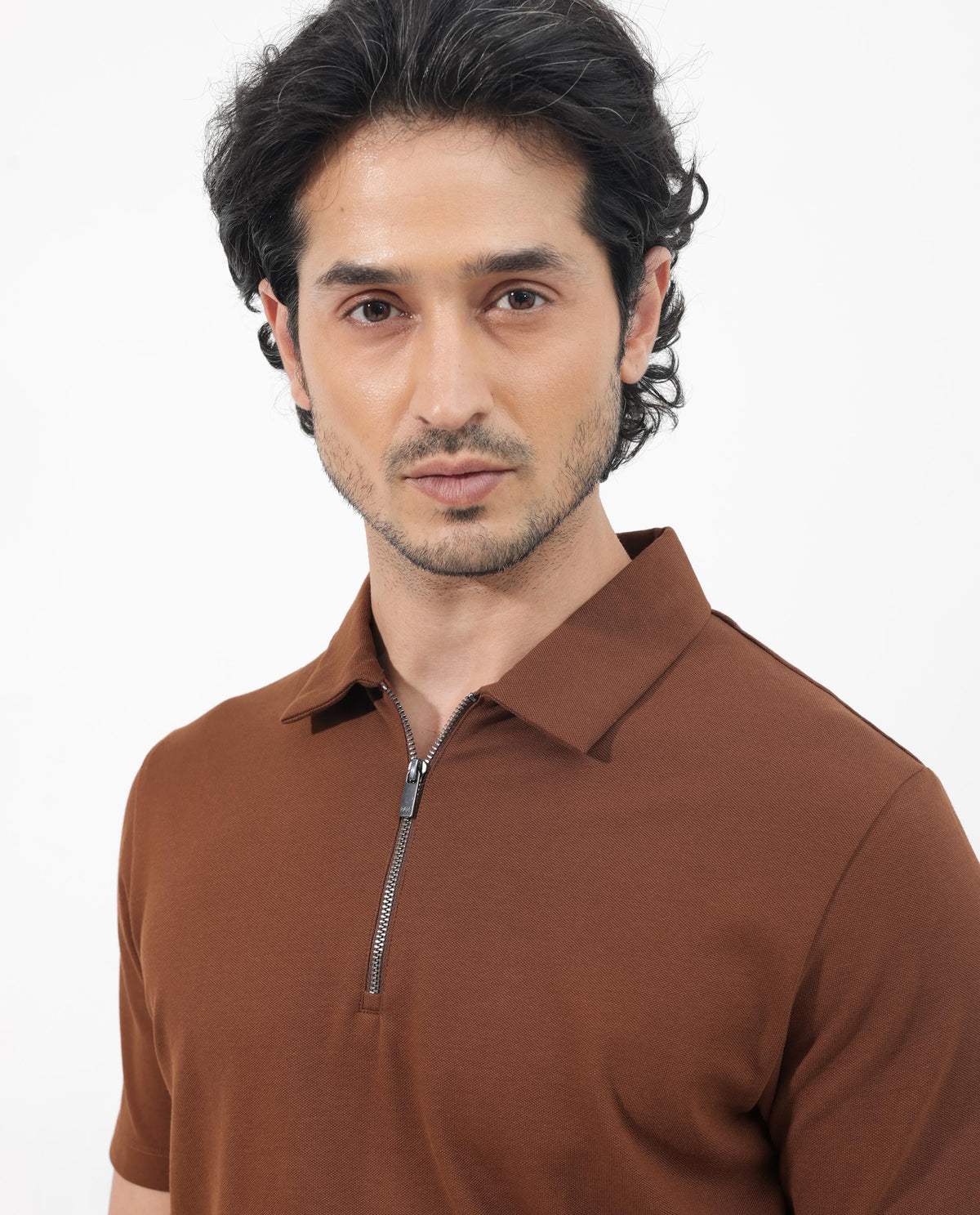 Rare Rabbit Mens Stan-2 Dusky Rust Cotton Fabric Collared Neck Zipper