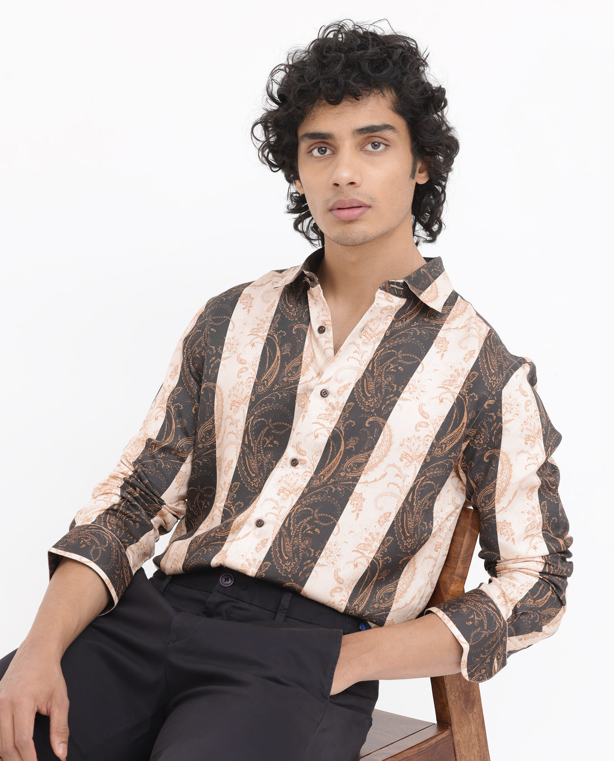 Rare Rabbit Men's Faben Beige Viscose Fabric Full Sleeves Paisley Stri