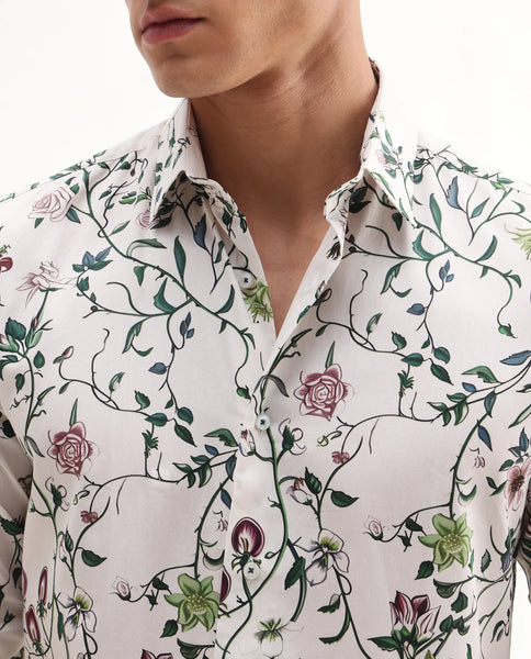 Rare Rabbit Men's Surn Off White Cotton Tropical Print Regular Fit Ful