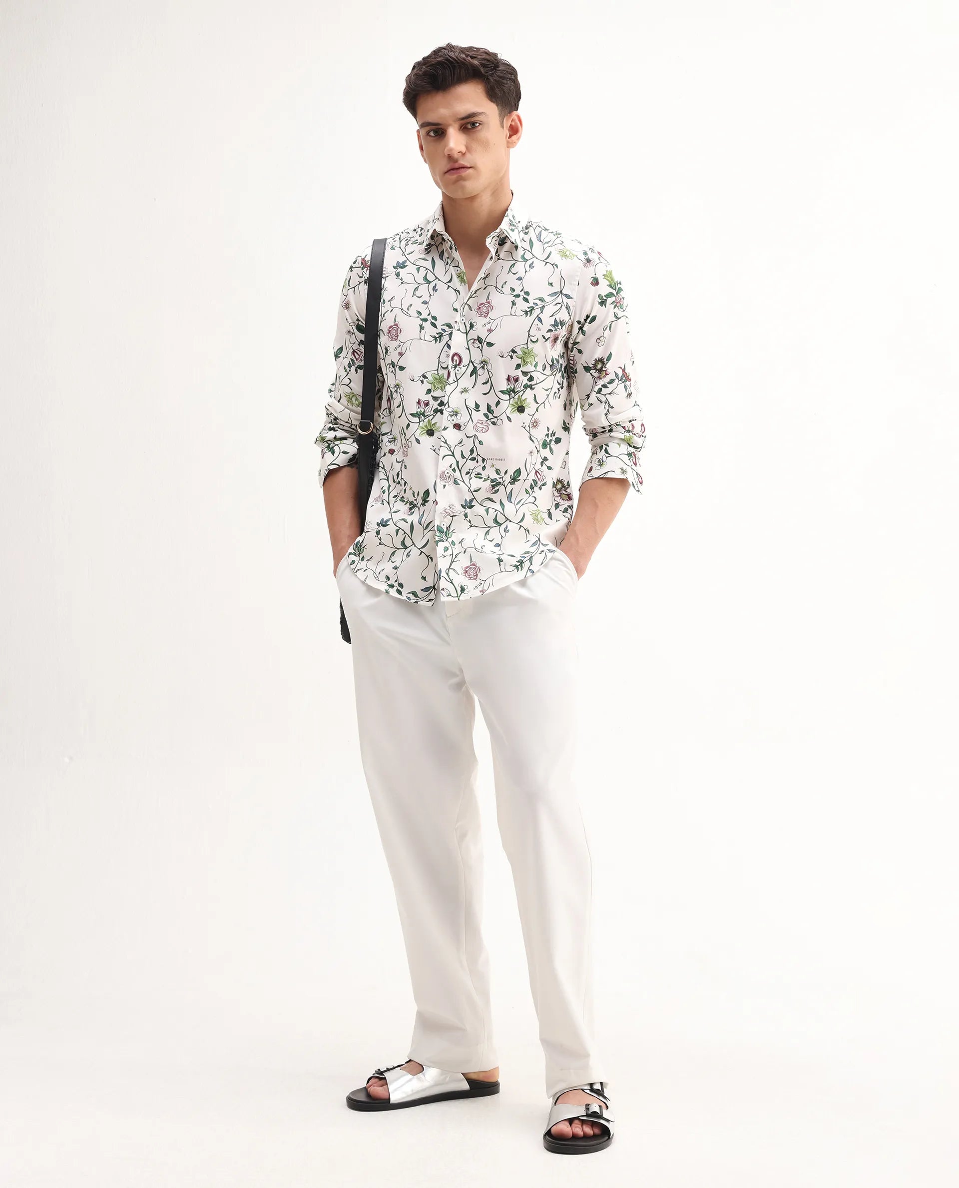 Rare Rabbit Men's Surn Off White Cotton Tropical Print Regular Fit Ful