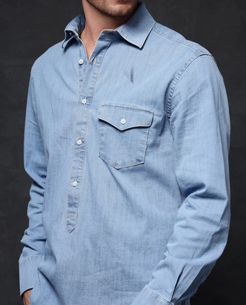 Rare Rabbit Men's Tunor Light Blue Cotton Plain Regular Fit Full Sleev